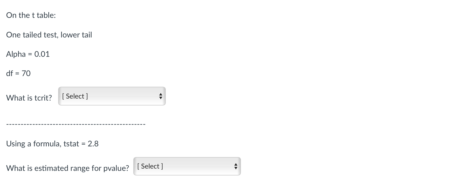 SOLVED: On the t table: One tailed test, lower tail Alpha =0.01 df=70 ...