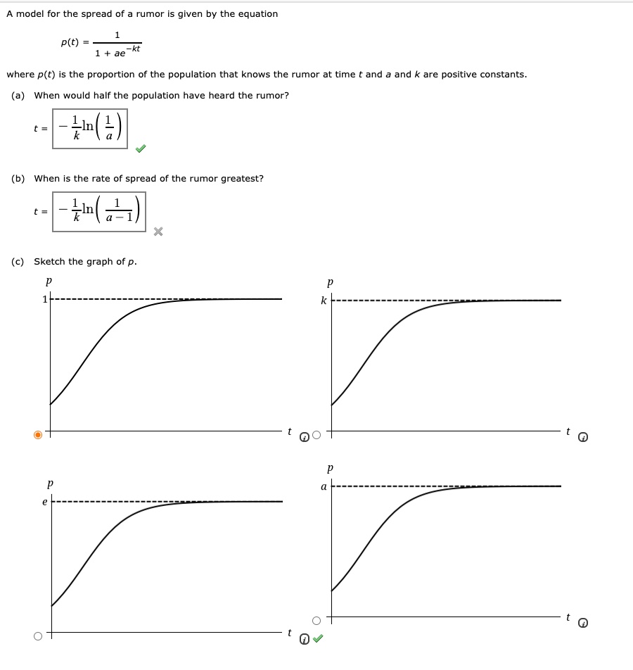SOLVED: model for the spread of rumor is given by the equation p(t) 1 ...