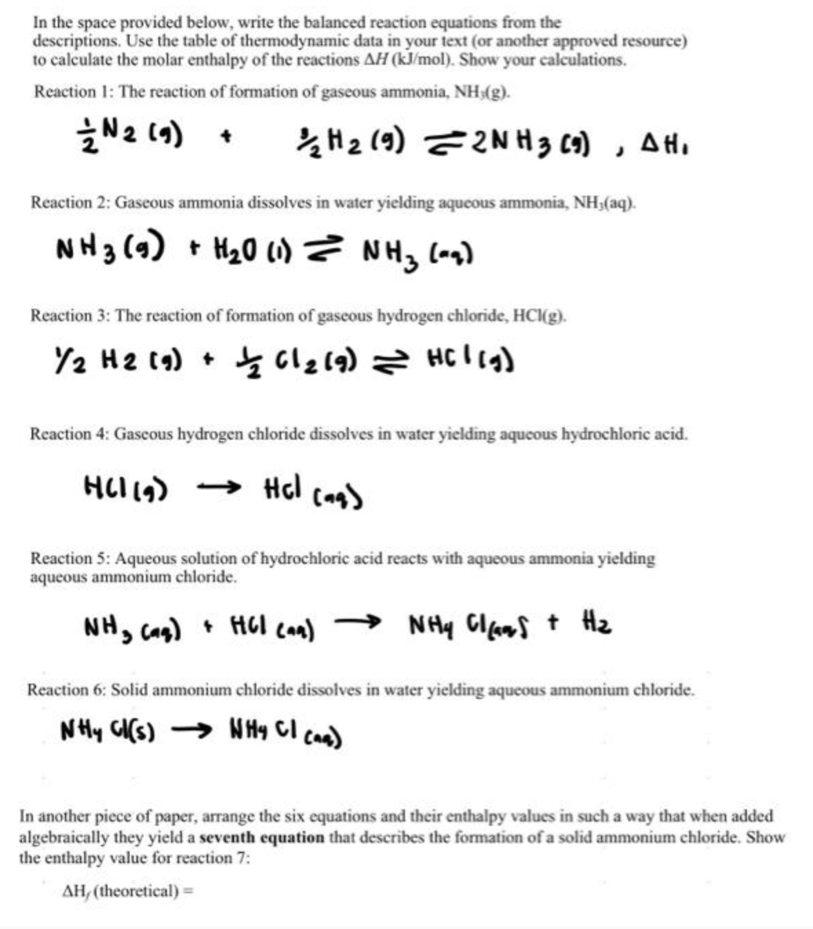 in the space provided below write the balanced reaction equations from ...