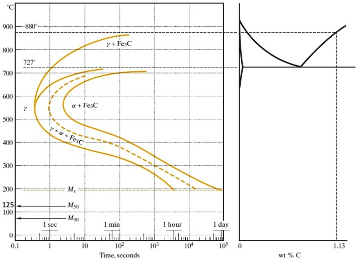 The TTT diagram for a hypereutectic composition (1.13% C) and its ...