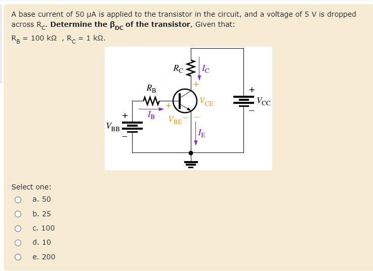 SOLVED: A base current of 50 uA is applied to the transistor in the circuit, and a voltage of 5 ...