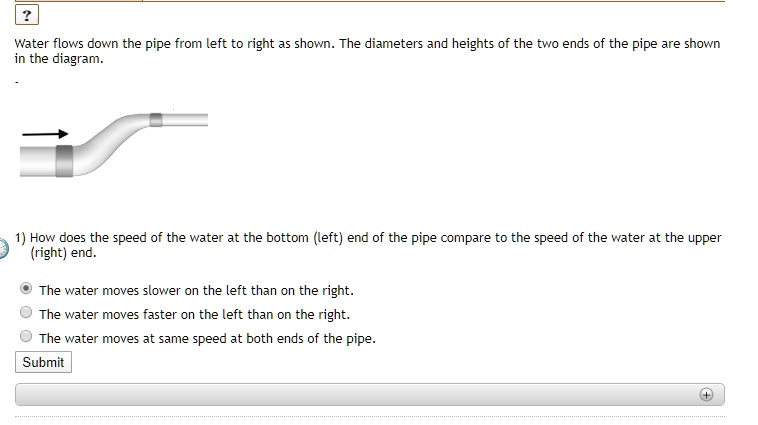 SOLVED: Water flows down the pipe from left to right as shown. The ...