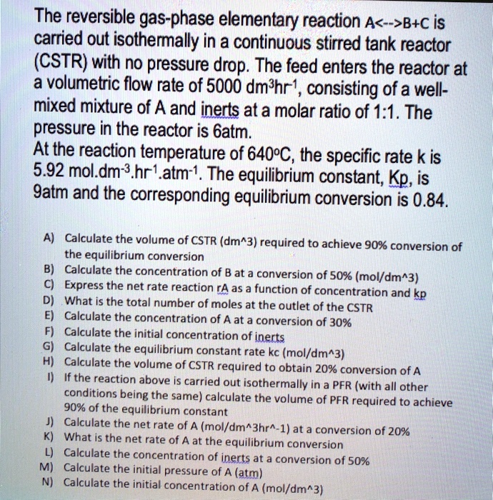 The reversible gas-phase elementary reaction A B+C is carried out isothermally in a continuous ...