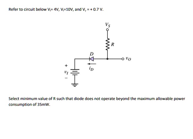 SOLVED: Refer to the circuit below: Vi = 4V, V = IOV, and Vz = +0.7V. vo Select the minimum ...