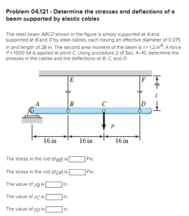 Problem 04.121 - Determine the stresses and deflections of a beam ...