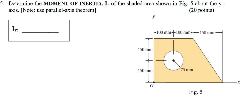 5. Determine the MOMENT OF INERTIA, Iy of the shaded area shown in Fig. 5 about the y-axis ...