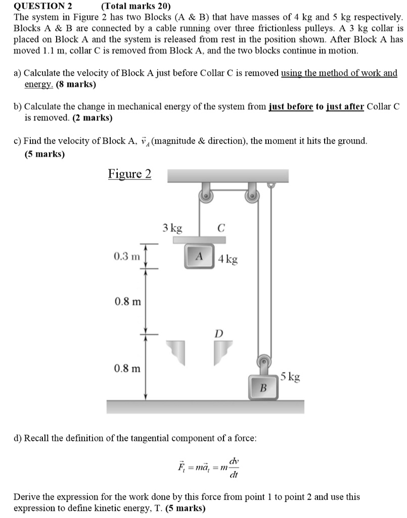 SOLVED: QUESTION 2 (Total marks 20) The system in Figure 2 has two blocks (A B) that have masses ...