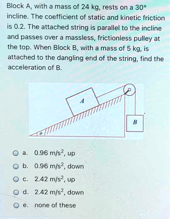 Block A, with a mass of 24 kg, rests on a 30° incline. The coefficient of static and kinetic ...