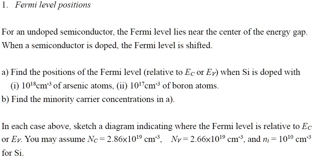 1. Fermi level positions For an undoped semiconductor, the Fermi level ...
