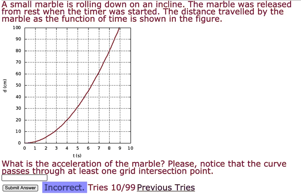A small marble is rolling down on an incline. The marble was released ...