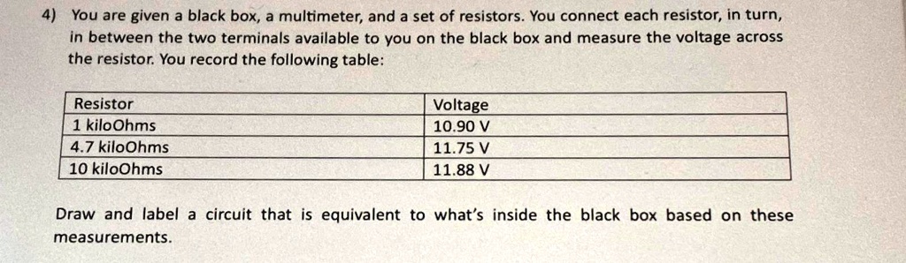 4) You are given a black box, a multimeter, and a set of resistors. You connect each resistor ...