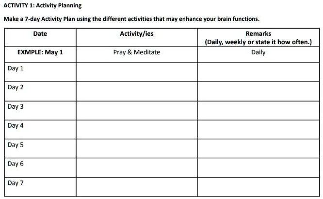 Make a 7 day activity plan using the different activities...