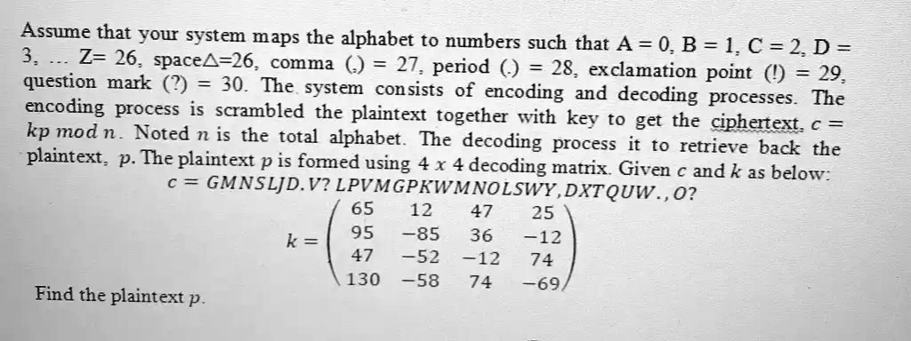 SOLVED: Assume that your system maps the alphabet to numbers such that ...