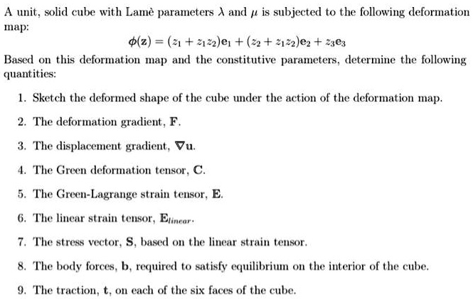 A unit, solid cube with Lamè parameters ? and ? is subjected to the following deformation map: ϕ ...