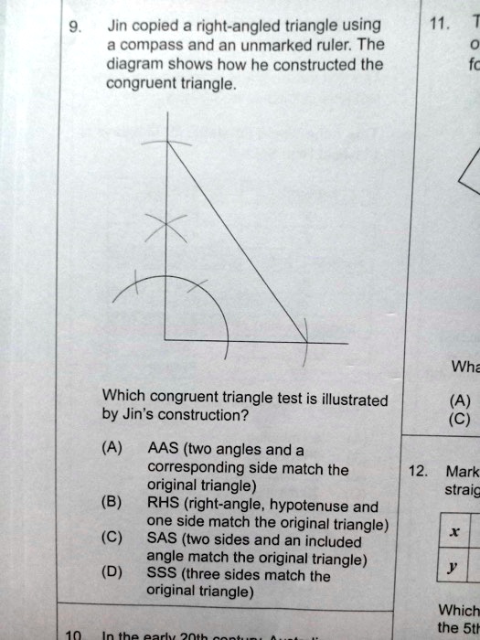 9. Jin copied a right-angled triangle using a compass and an unmarked ruler. The diagram shows ...