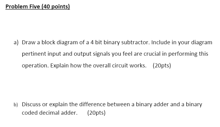 SOLVED: Problem Five (40 points) a) Draw a block diagram of a 4-bit binary subtractor. Include ...
