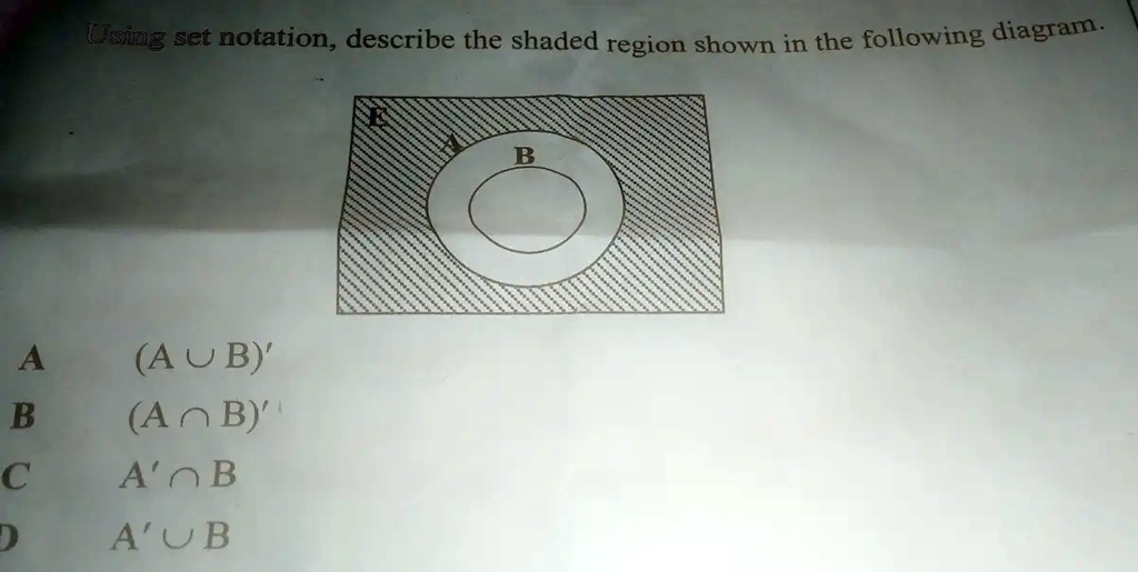 Using set notation, describe the shaded region shown in the following diagram. (A âˆ© B) âˆª (A ...