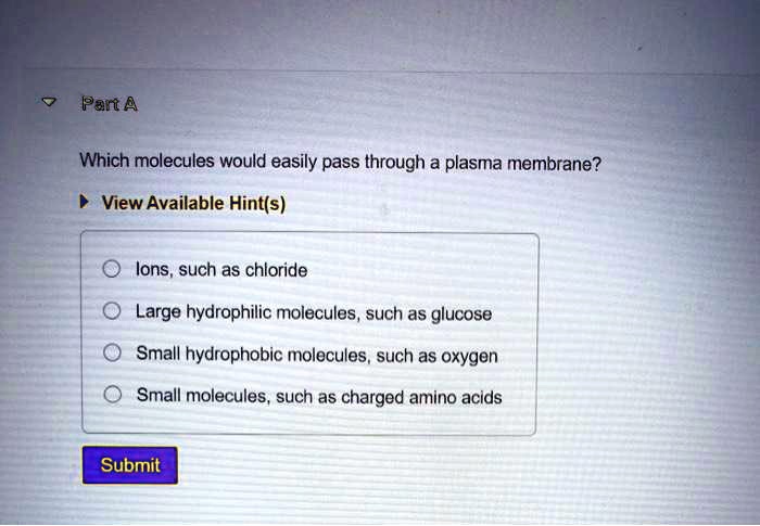 SOLVED: Pant A Which molecules would easily pass through a plasma membrane? View Available Hint ...