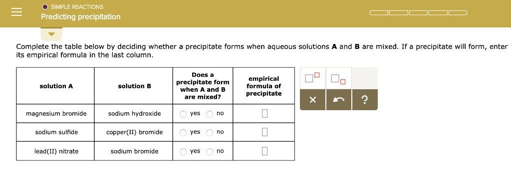 SOLVED: SIMpLE REACTIONS Predicting precipitation Complete the table below by deciding whether ...