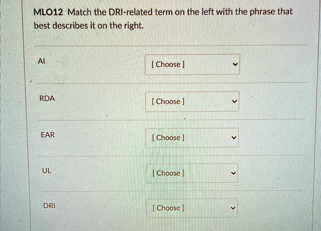 SOLVED: MLO12 Match the DRI-related term on the left with the phrase ...