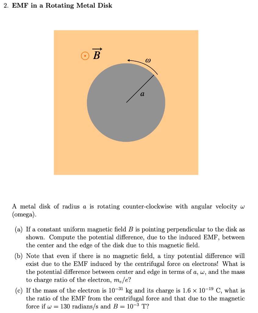 SOLVED: EMF in Rotating Metal Disk B metal disk of radius is rotating ...