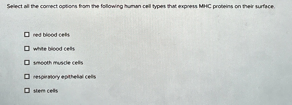 Select all the correct options from the following human cell types that express MHC proteins on ...