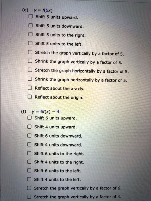 SOLVED: (e) Y = f(Sx) Shift 5 units upward. Shift 5 units downward Shift 5 units to the right ...