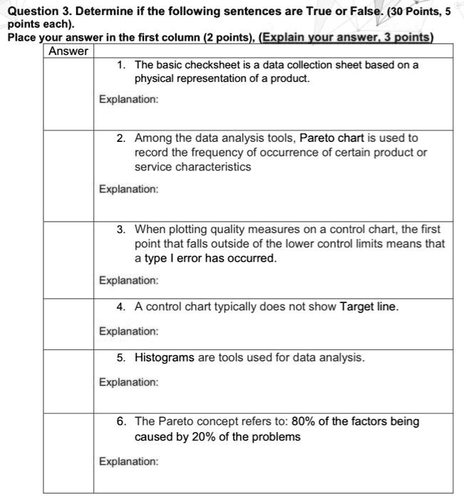 SOLVED: Question 3. Determine if the following sentences are True or False. (30 Points, 2 points ...