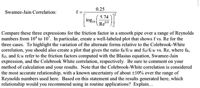 SOLVED: 0.25 Swamee-Jain Correlation: 5.74 logtoE Reov Compare these ...