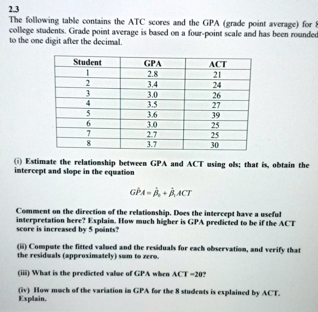 23 the following table contains the atc scores and the gpa grade point ...