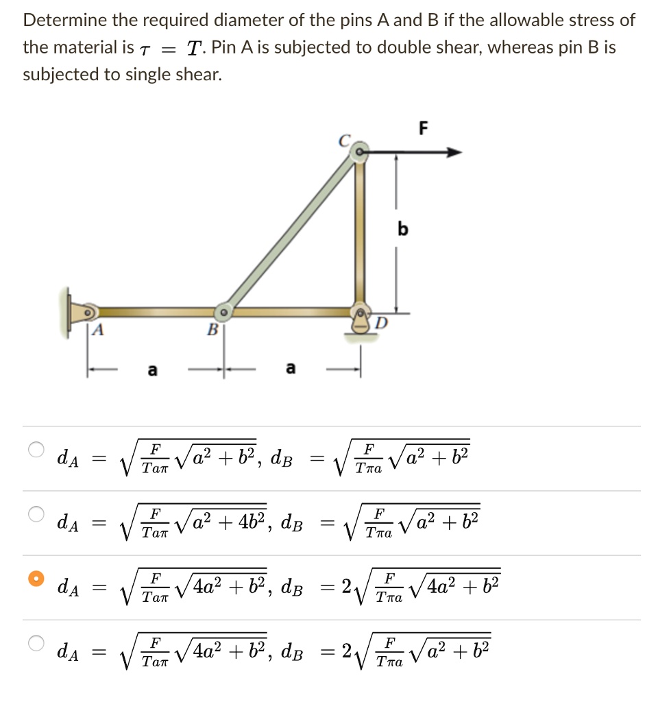 Determine the required diameter of the pins A and B if the allowable ...