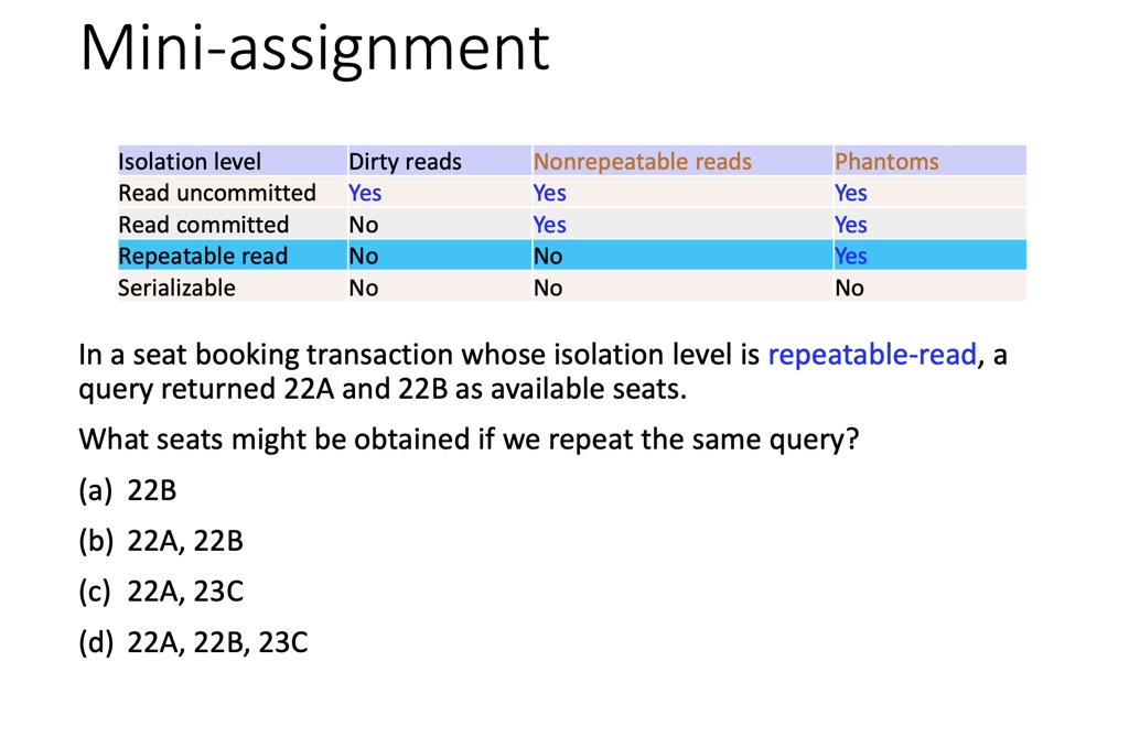 SOLVED: Mini-assignment In a seat booking transaction whose isolation ...