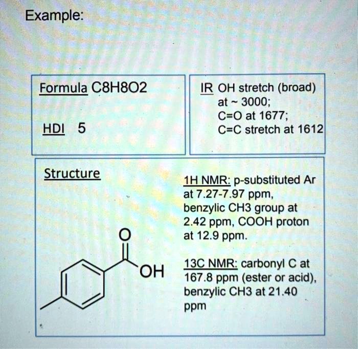 SOLVED: Formula C8H8O2 IR OH stretch (broad) at 3000; C=O at 1677; C-C ...