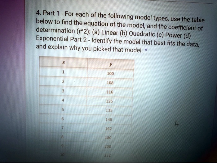 SOLVED: 4. Part 1 For each of the following below to find the model types, use the table ...