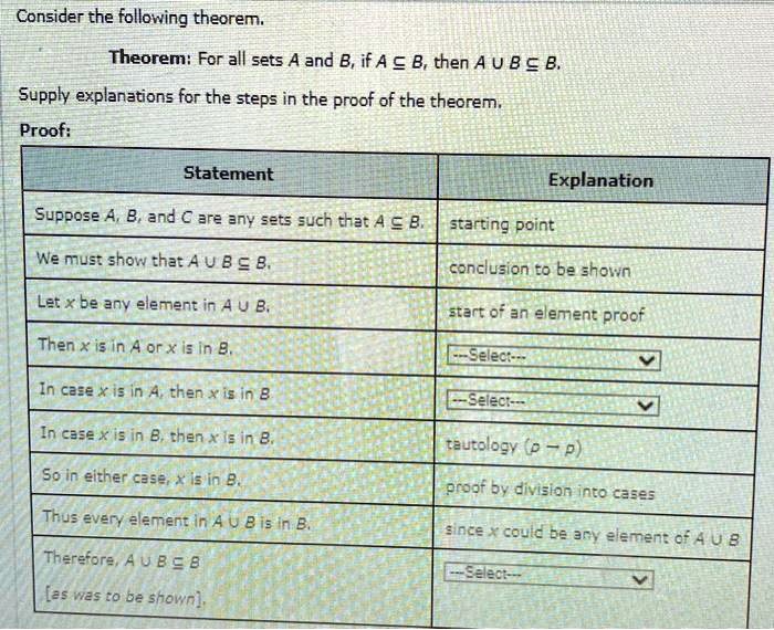 Consider the following theorem. Theorem: For all sets A and B, if A ⊆B ...