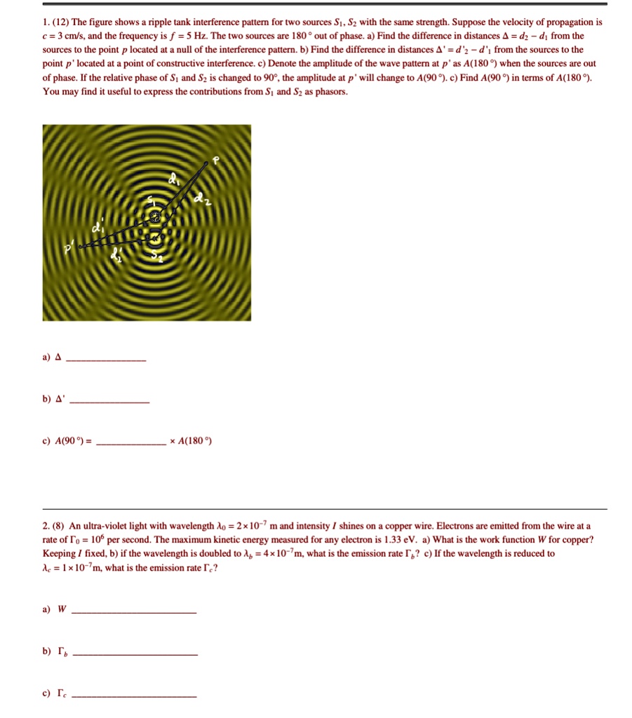 SOLVED: (12) The figure shows a ripple tank interference pattern for ...