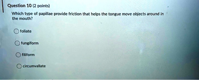 SOLVED: Question 10 (2 points) Which type of papillae provide friction ... SOLVED: Question 10 (2 points) Which type of papillae provide friction ...