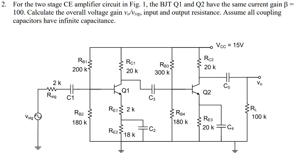 SOLVED: For the two-stage CE amplifier circuit in Fig. 1, the BJT Q1 and Q2 have the same ...
