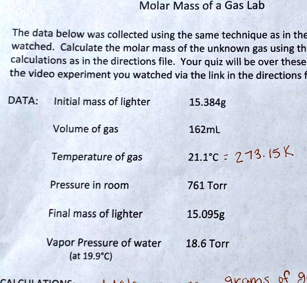 molar mass of a gas lab the data below was collected using the same ...