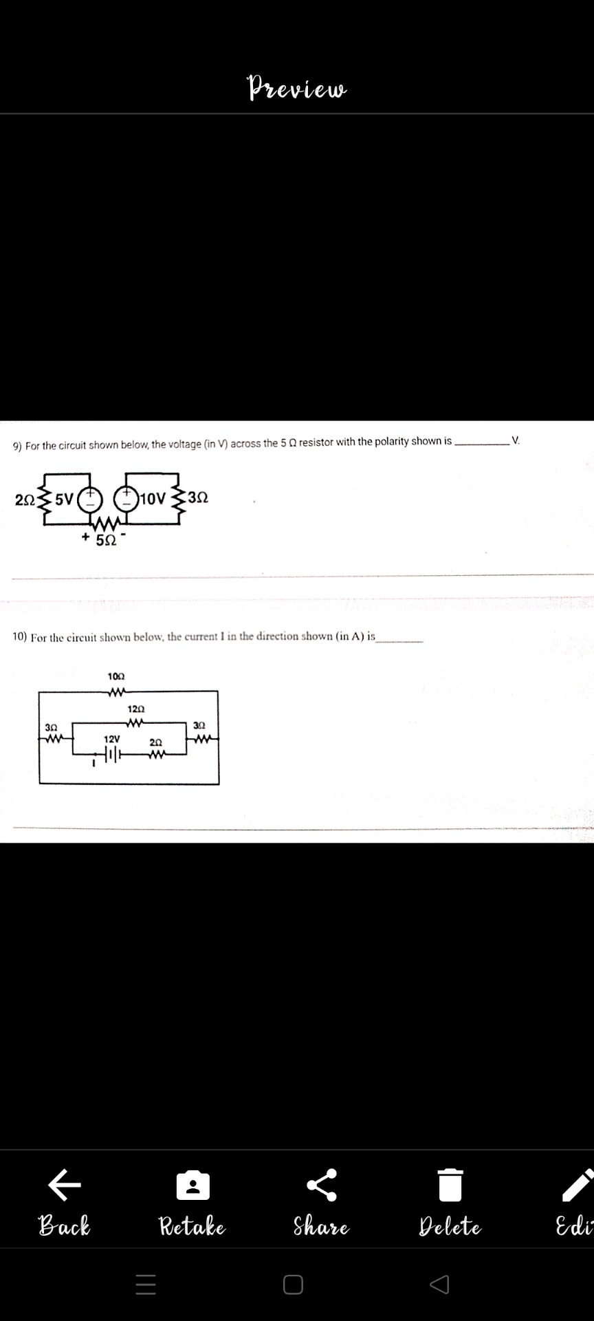 Preview 9) For the circuit shown below, the voltage (in V ) across the ...