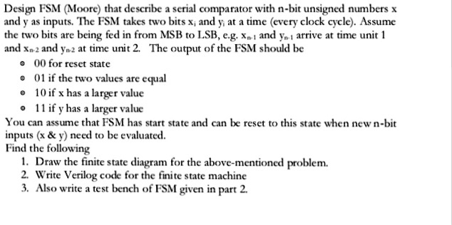 SOLVED: Design FSM (Moore) that describes a serial comparator with n ...