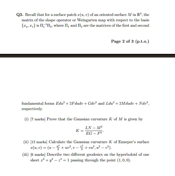 SOLVED: Q3. Recall that for surface patch I(u; v) of an oriented ...