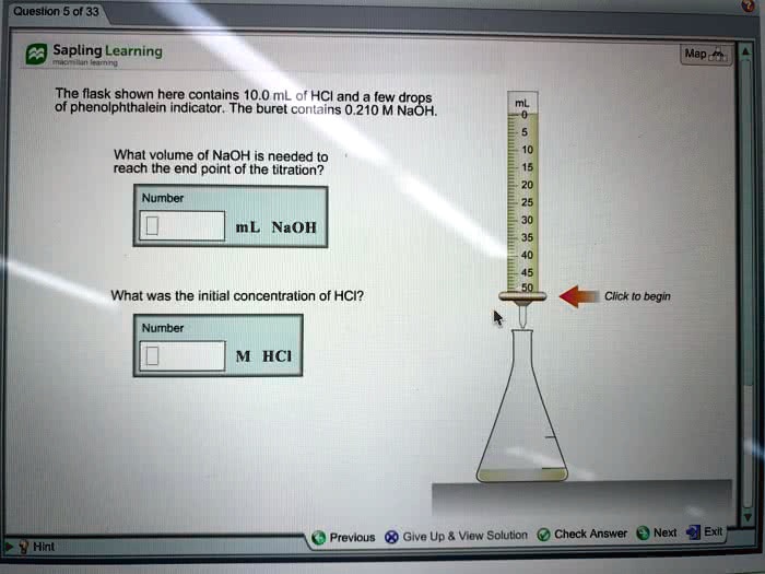 Question 5 of 33 Sapling Learning macmillan learning The flask shown here contains 10.0 mL of ...