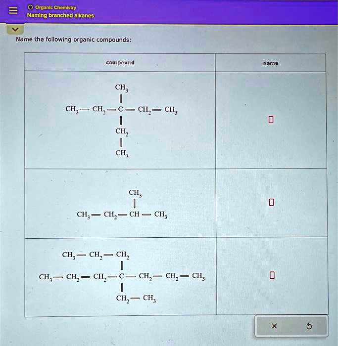 Organic Chemistry Naming branched alkanes Name the following organic compounds: compound name CH ...