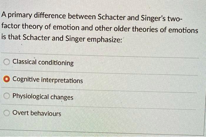 SOLVED: A primary difference between Schacter and Singer's two-factor ...