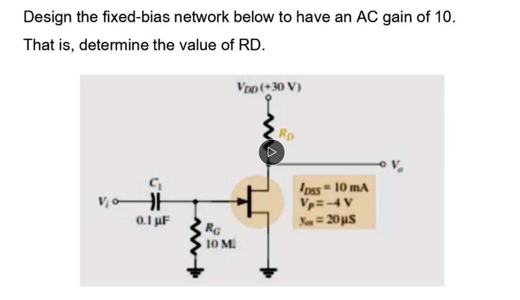 SOLVED: Design the fixed-bias network below to have an AC gain of 10 ...