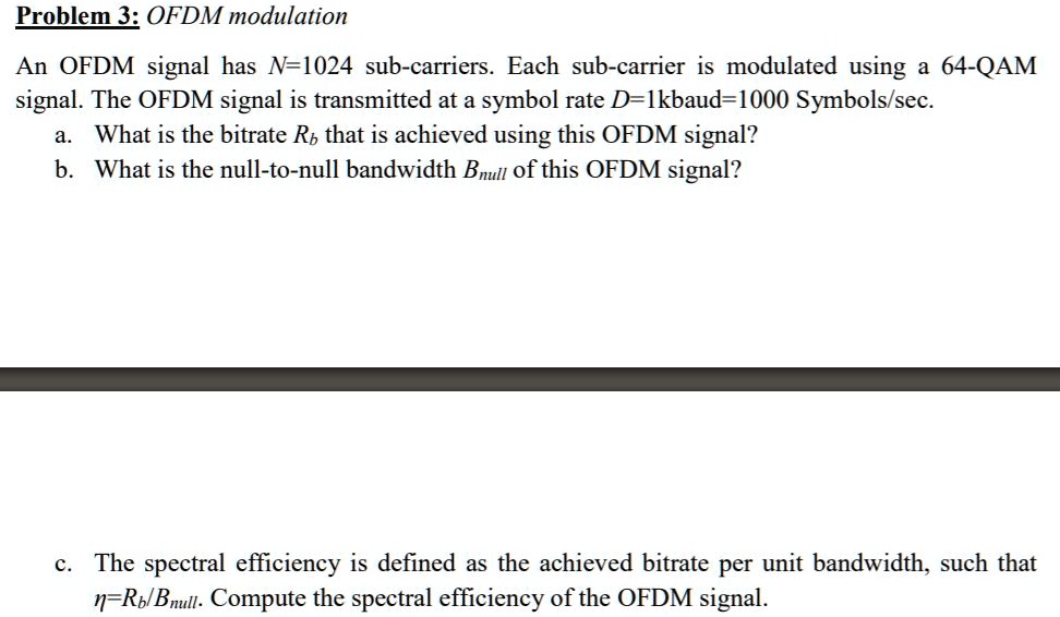 Problem 3: OFDM modulation An OFDM signal has N=1024 sub-carriers. Each ...