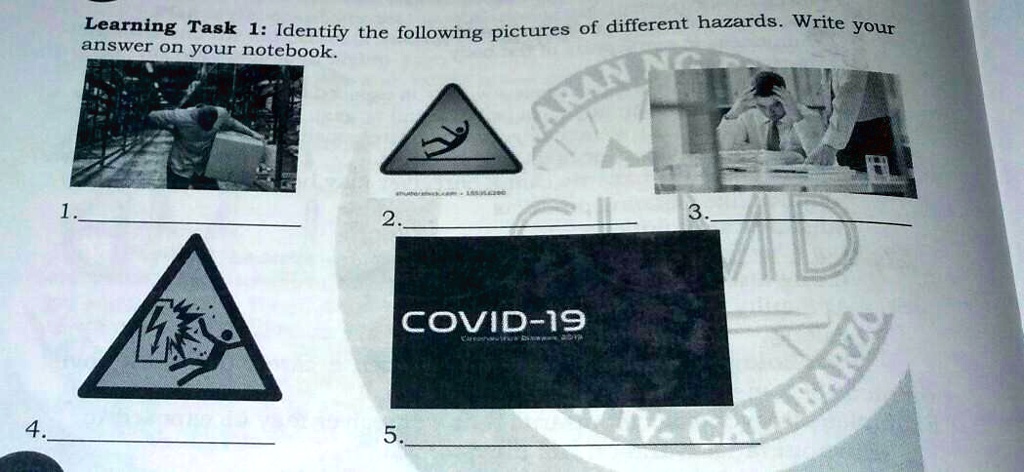 SOLVED: 'Learning Task 1: Identify the following pictures of different hazards. Write youranswer ...