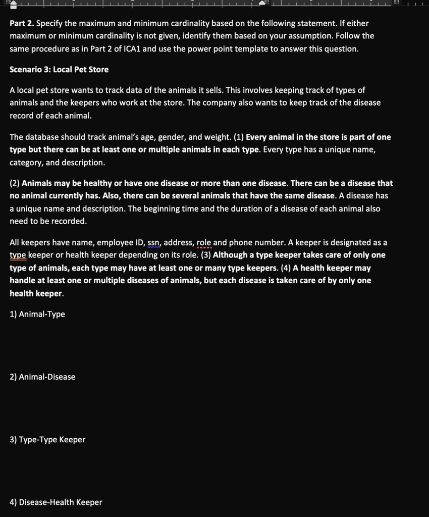 Part 2. Specify the maximum and minimum cardinality based on the ...