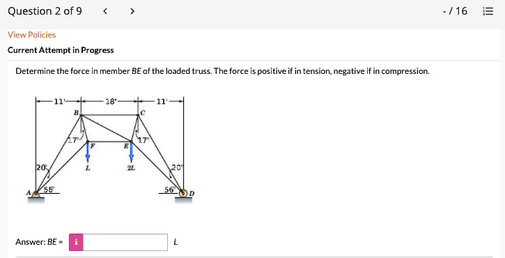 SOLVED: Determine the force in member BE of the loaded truss. The force ...